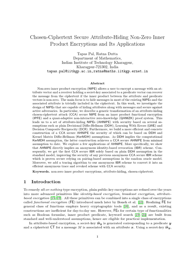 Chosen-Ciphertext Secure Attribute-Hiding Non-Zero Inner Product Encryptions and Its ...