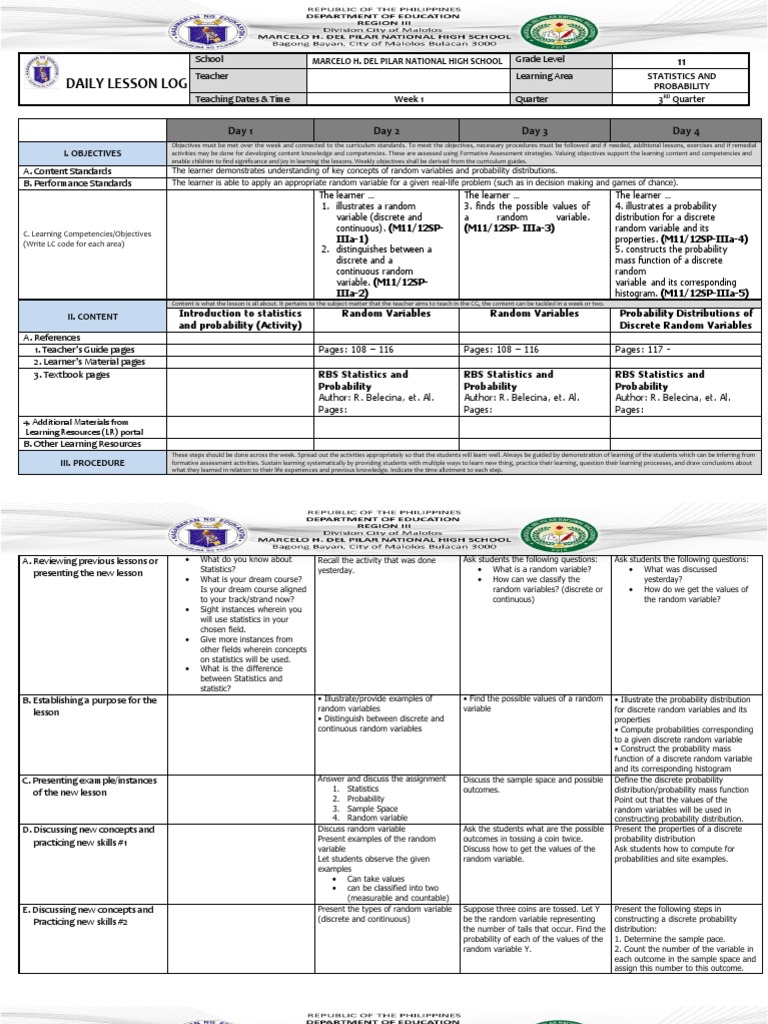 Statistics and Probability Week 1 DLL | PDF | Probability Distribution | Random Variable