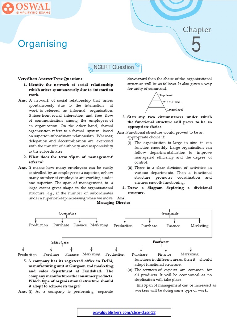 NCERT Solutions For Class 12 Business Studies Chapter 5 Organising | PDF | Decentralization ...
