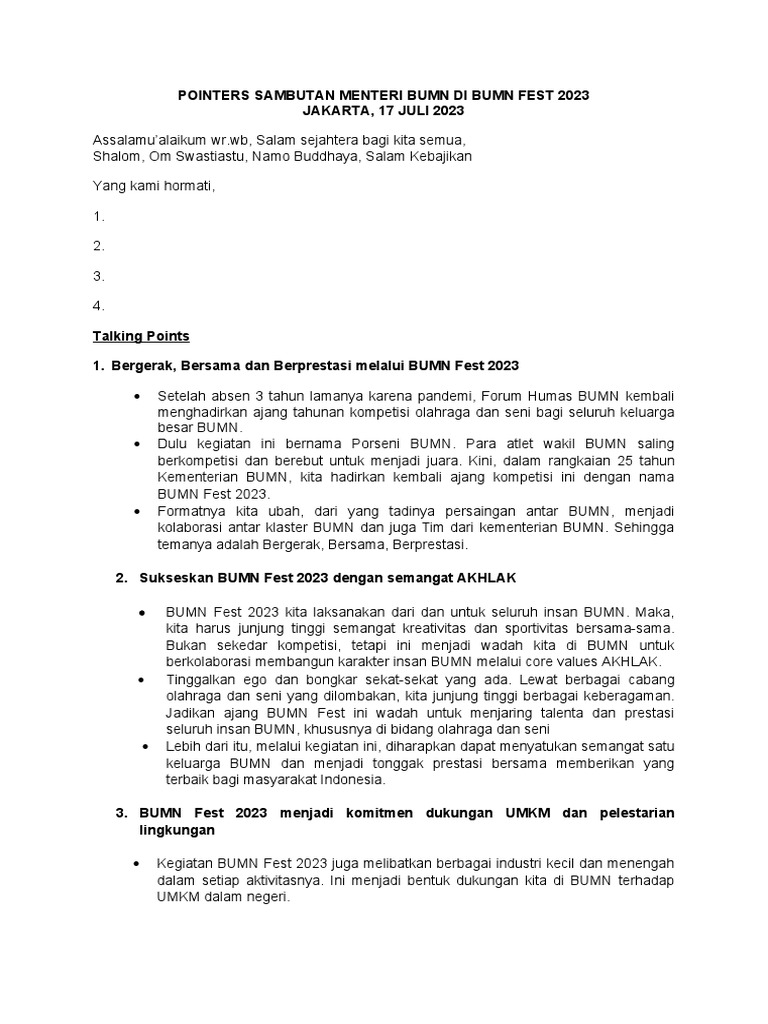 Pointers Sambutan Menteri Bumn Di Bumn Fest 2023 - Rev 2 | PDF