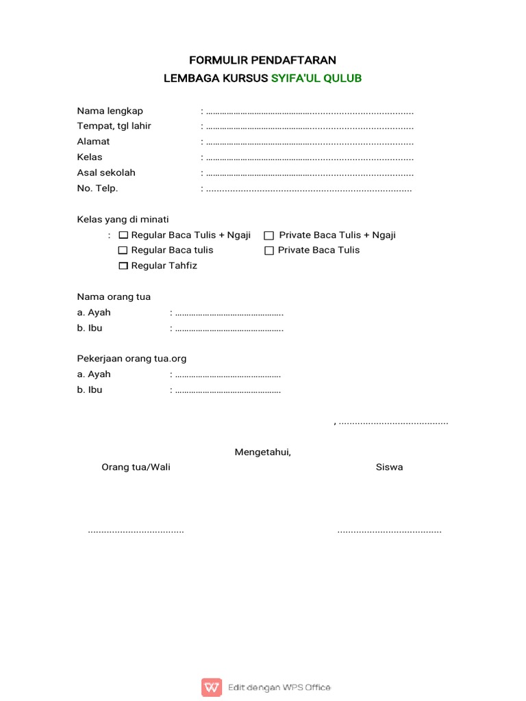 Formulir Pendaftaran Bimbel SQ | PDF