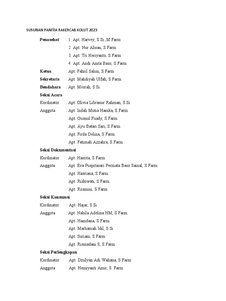 Susunan Panitia Rakercab Kolut 2023 | PDF