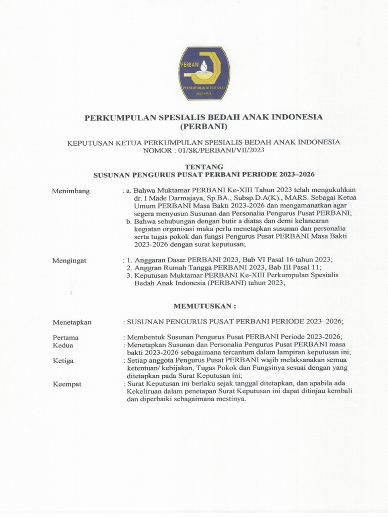 SK Susunan PP. PERBANI Periode 2023-2026 MRG | PDF