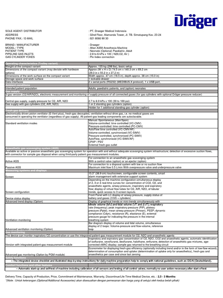 Specification Atlan A350 Anesthesia Machine | PDF Specification Atlan A350 Anesthesia Machine | PDF