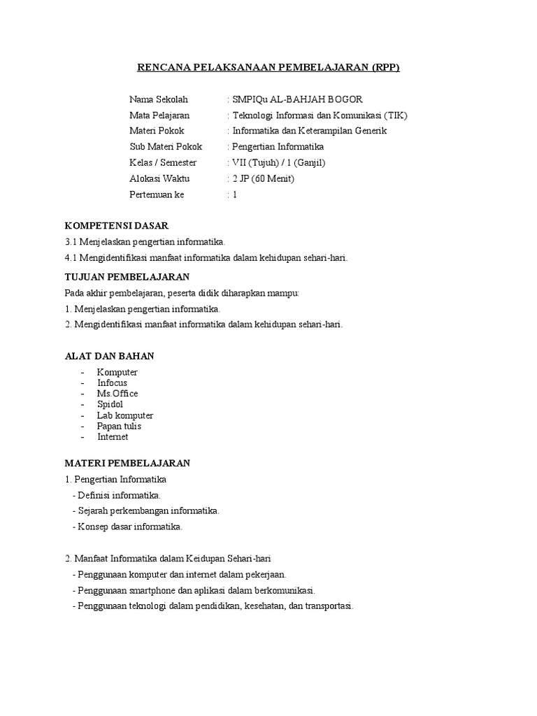 RPP TIK Kelas 7 | PDF