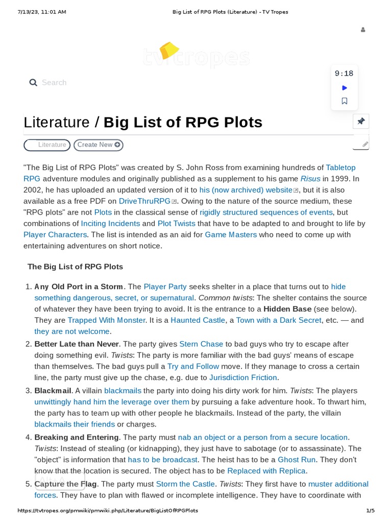 Big List of RPG Plots (Literature) - TV Tropes | PDF | Role Playing Games