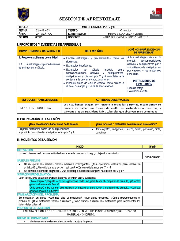 SESION Mat. Mult. 7 y 8 | PDF | Evaluación | Aprendizaje