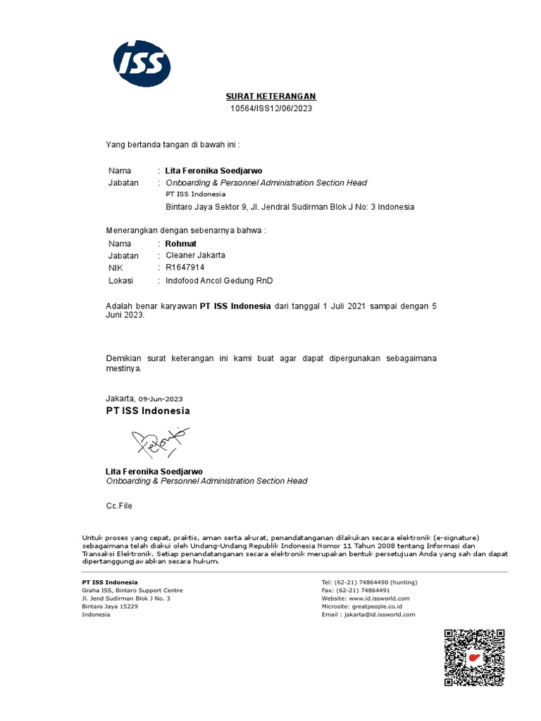 Surat Keterangan Karyawan PT ISS Indonesia | PDF