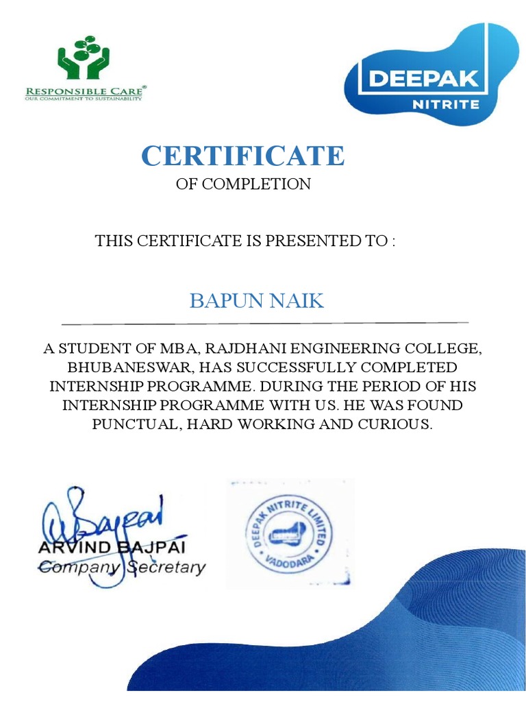 Deepak Nitrite LTD Completion Certificate 2023 | PDF