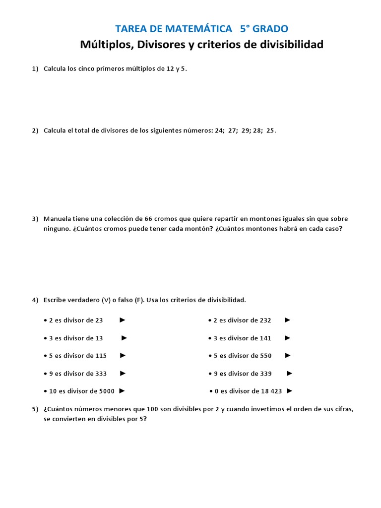 0523 - 5° - TAREA Multiplos, Divisores y Criterios de Divisibilidad ...