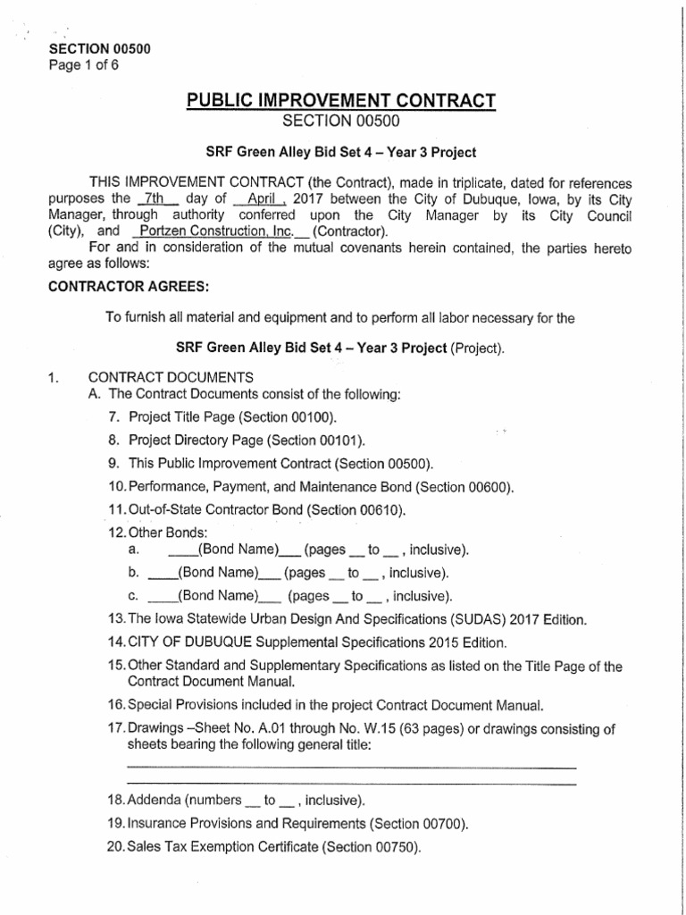 SRF Green Alley Bid Set 4 Year 3 Portzen Public Improvement Contract | PDF