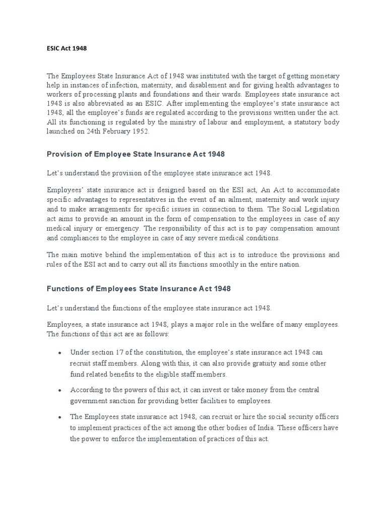 Esic Act 1948 | PDF | Employment | Welfare
