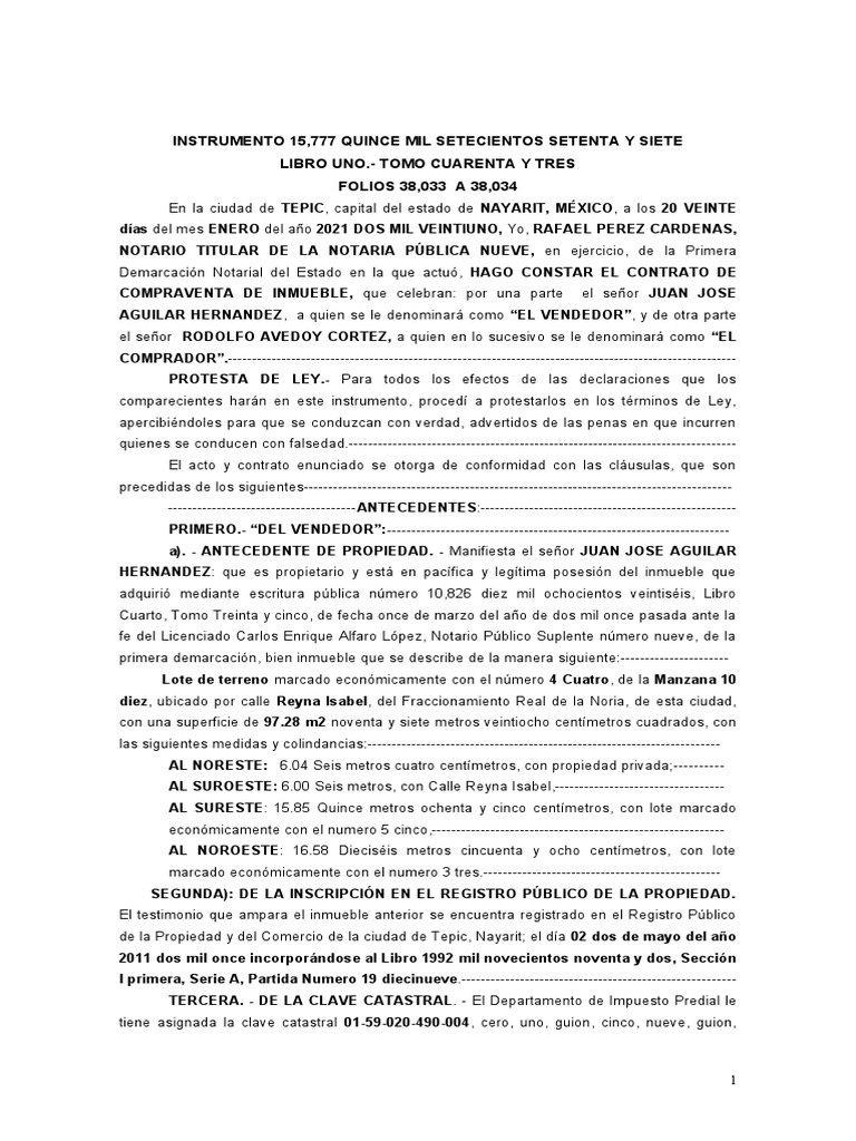 Instrumento 15,777 Quince Mil Setecientos Setenta Y Siete Libro Uno ...