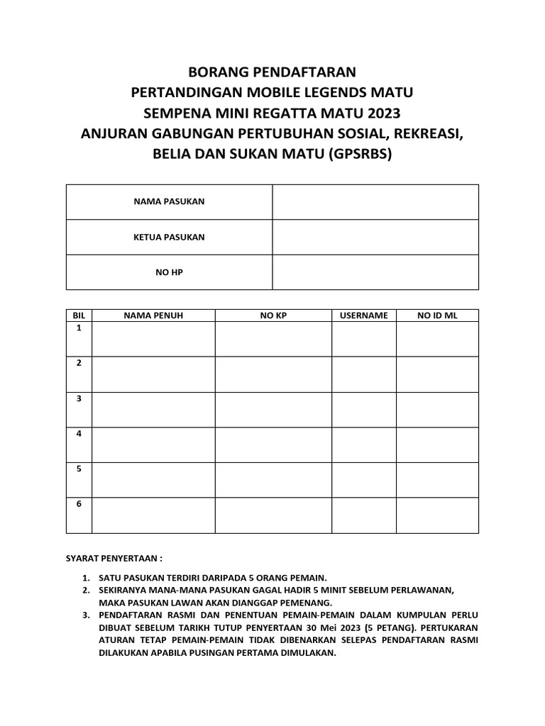 Borang Pendaftaran Pertandingan Mobile Legends | PDF