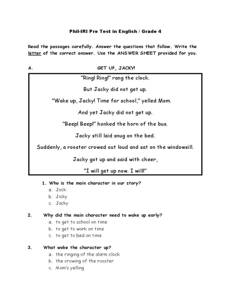 Grade - 4 - Phil IRI Testing Kit - Pre Test | PDF