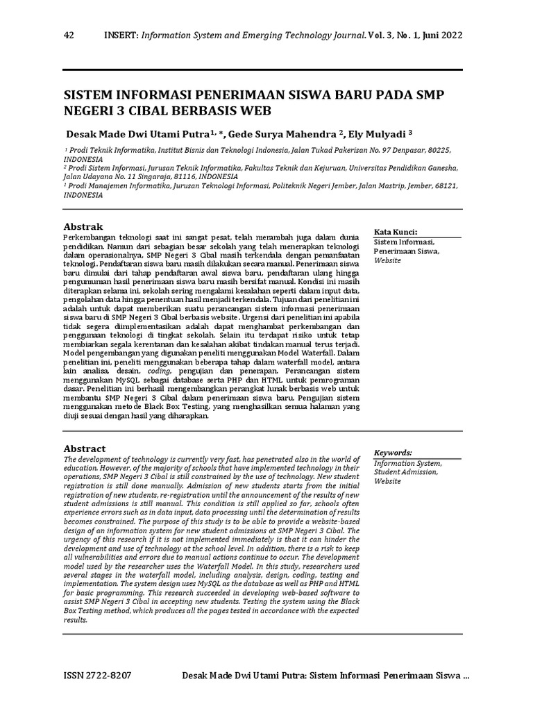 Sistem Informasi Penerimaan Siswa Baru Pada SMP Negeri 3 Cibal Berbasis Web | PDF