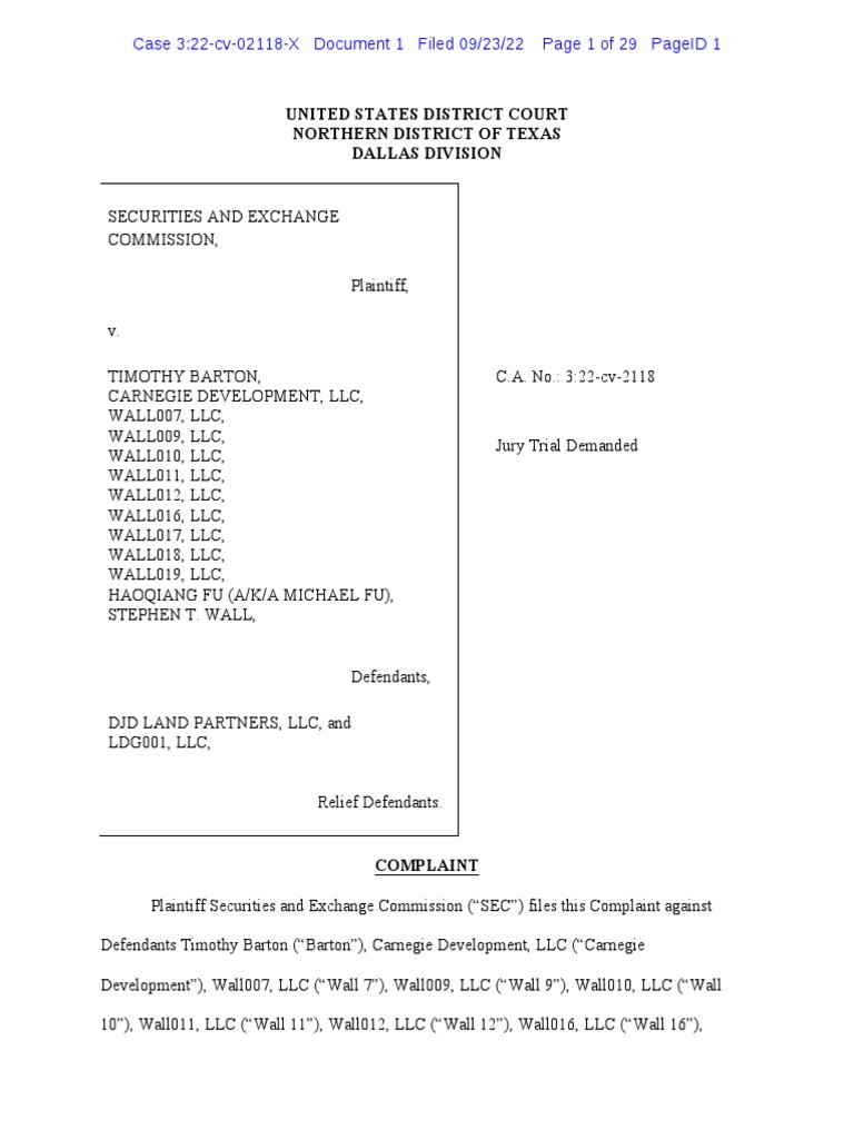 SEC v. Timothy Barton "Fu", Stephen Wall, Et Al | PDF | Sec Rule 10b 5 ...