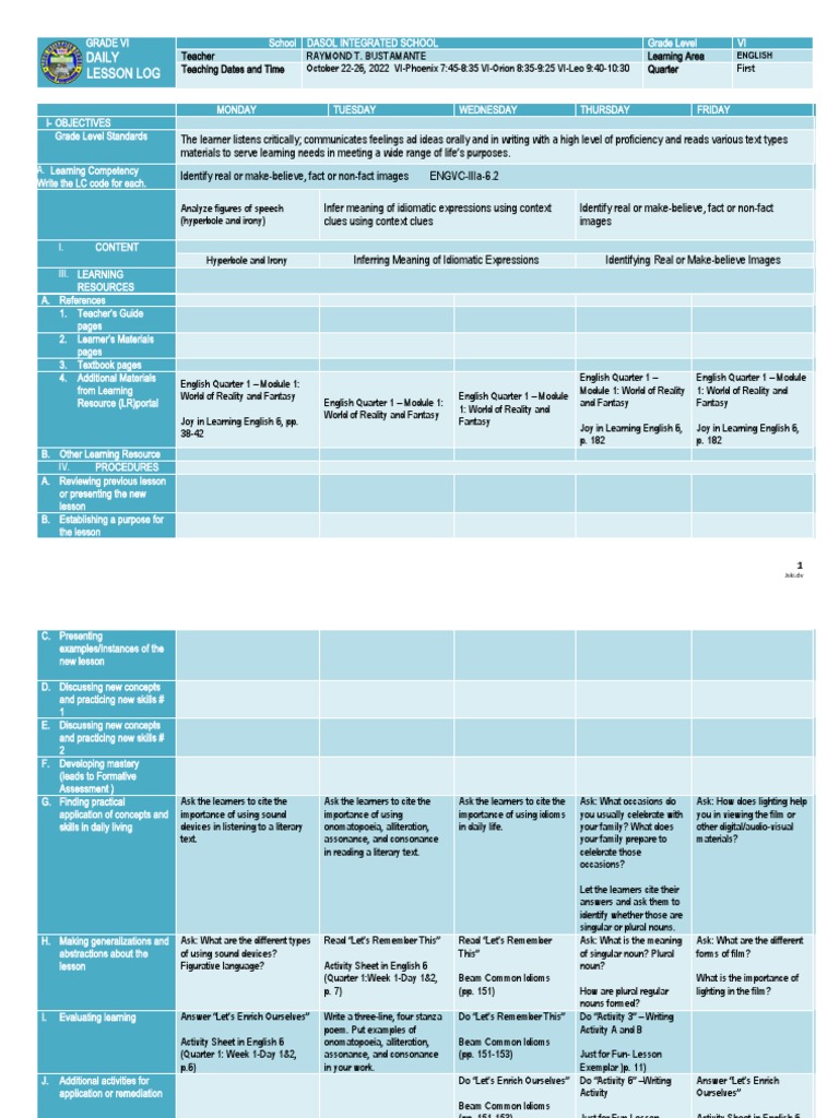 DLL Grade Vi | PDF | Learning | Plural