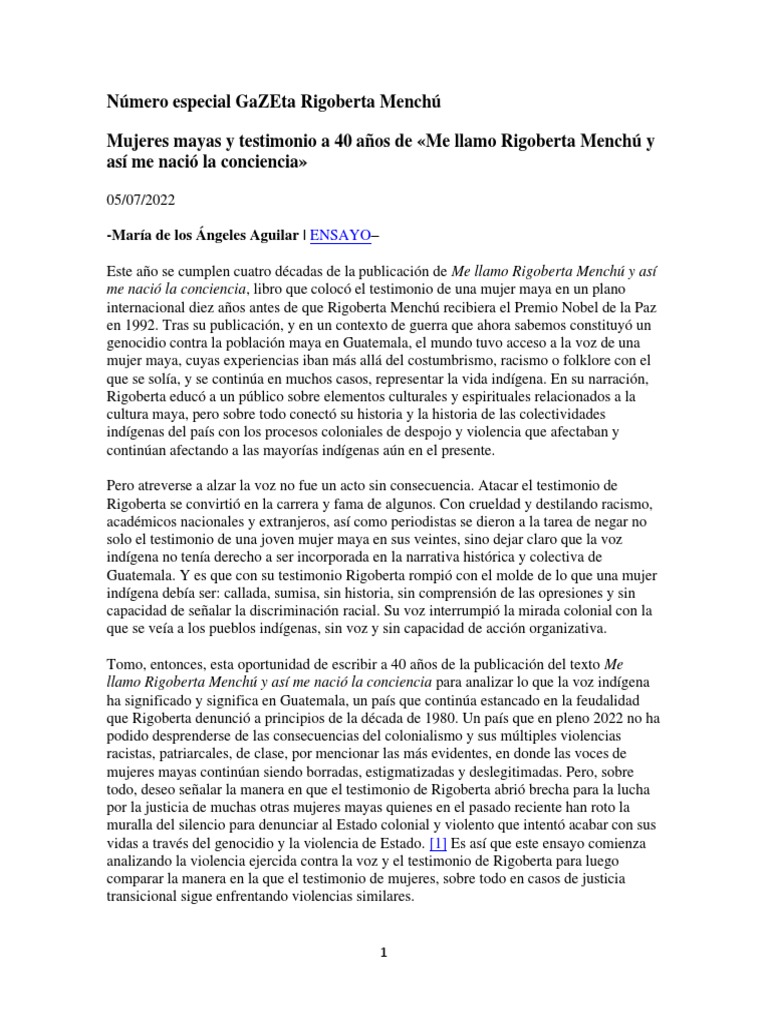 Rigoberta Menchú: Voz Maya y Resistencia | PDF | Testimonio | Guatemala