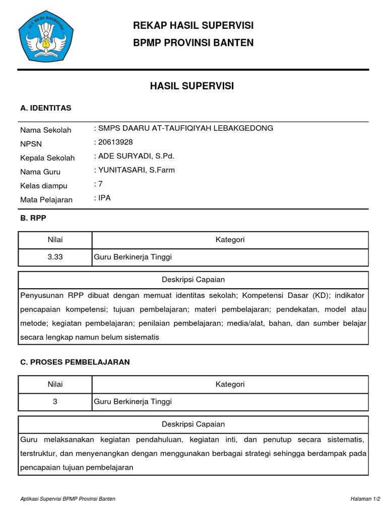 Rekap Hasil Supervisi BPMP Provinsi Banten: A. Identitas | PDF