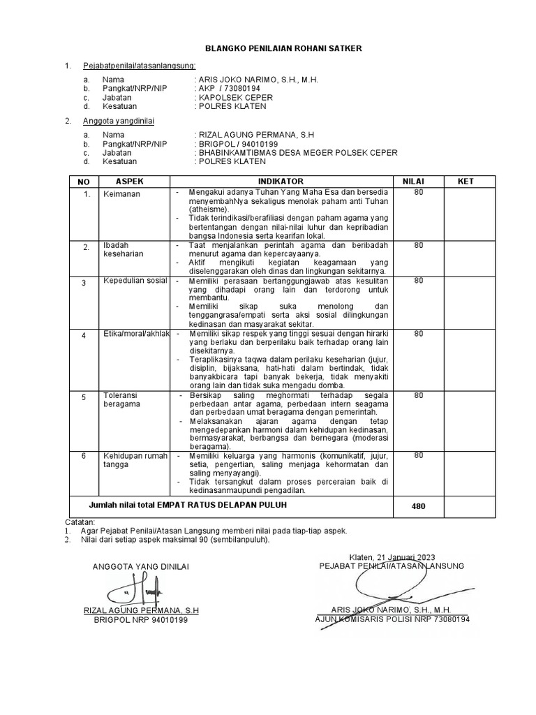 Blangko Penilaian Rohani Satker | PDF
