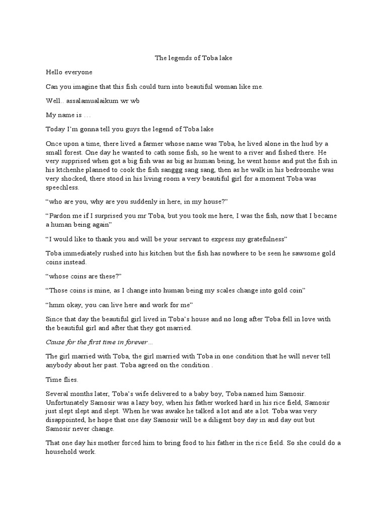 Teks Story Telling The Legend S of Toba Lake | PDF