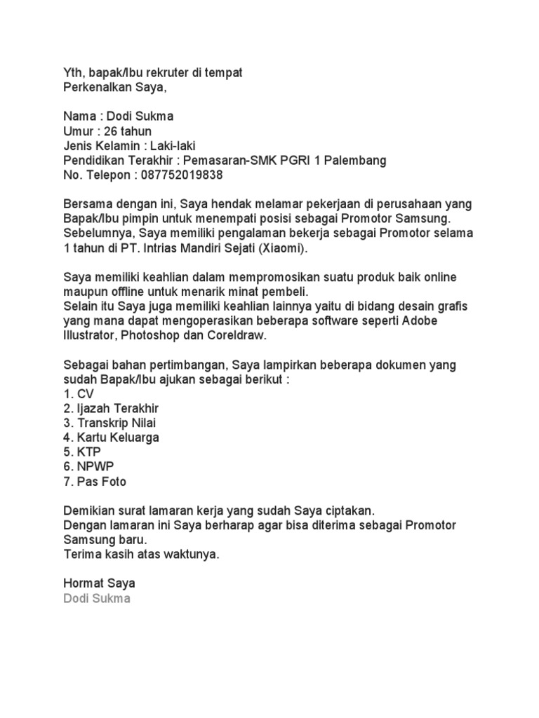 Lamaran Kerja Promotor Samsung Dodi Sukma | PDF | Karier & Perkembangan | Bisnis