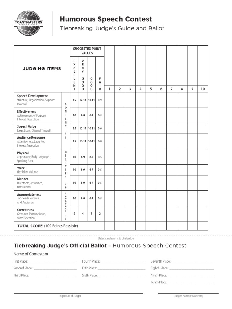 1191A Humorous Speech Contest Tiebreaking Judges Guide and Ballot-ff | PDF