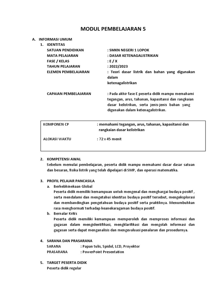MODUL 5 Kelas X Teknik Listrik SMKN 1 Lopok | PDF