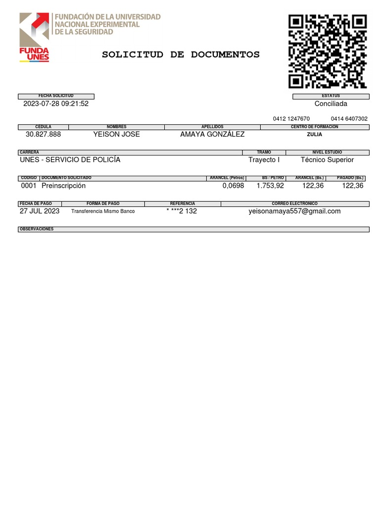 Solicitud Documentos UNES Zulia | PDF