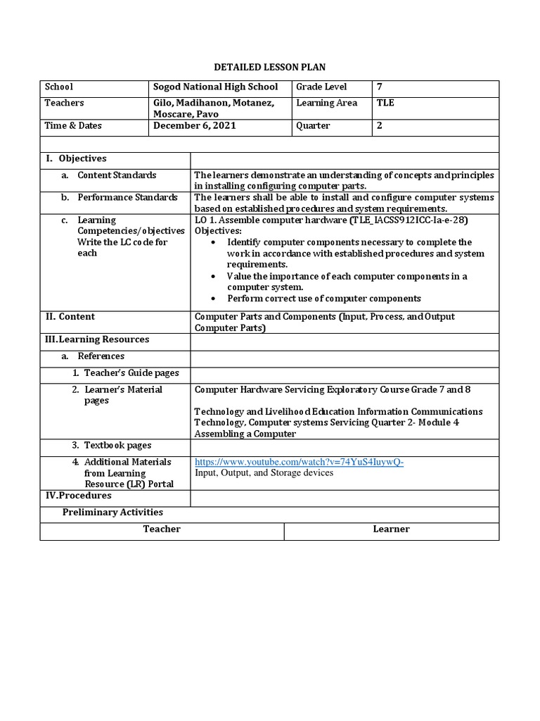 Detailed Lesson Plan 1 | PDF | Input/Output | Computer Keyboard
