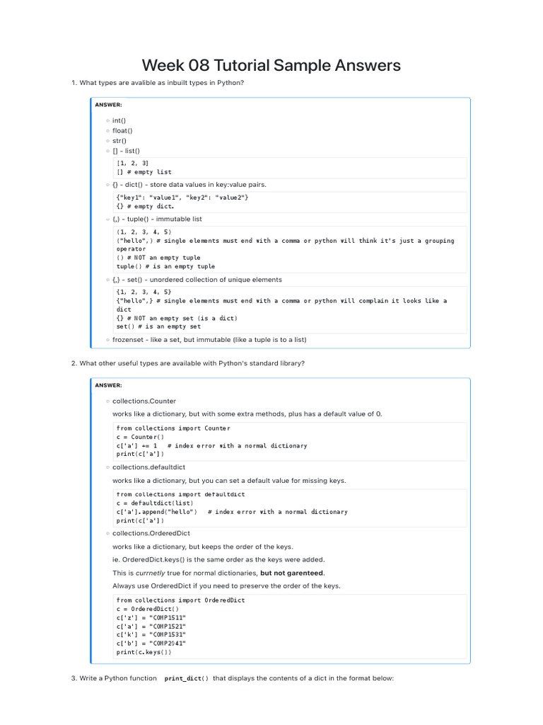 Week 08 Tutorial Sample Answers | PDF | Computer Programming | Computing Week 08 Tutorial Sample Answers | PDF | Computer Programming | Computing
