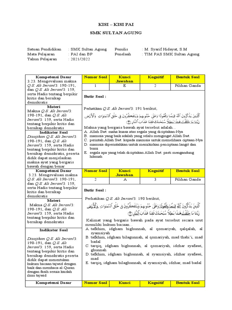 Kisi Kisi Pai SMK Sultan Agung 2021 Xii Ok | PDF | Filsafat | Agama & Spiritualitas