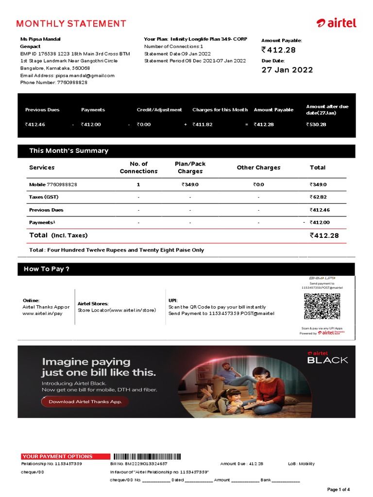 Airtel Postpaid Bill - July | PDF | Payments | Cheque Airtel Postpaid Bill - July | PDF | Payments | Cheque