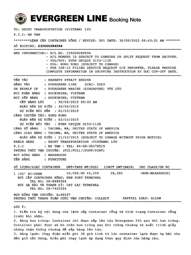 7 Mau Booking Note | PDF