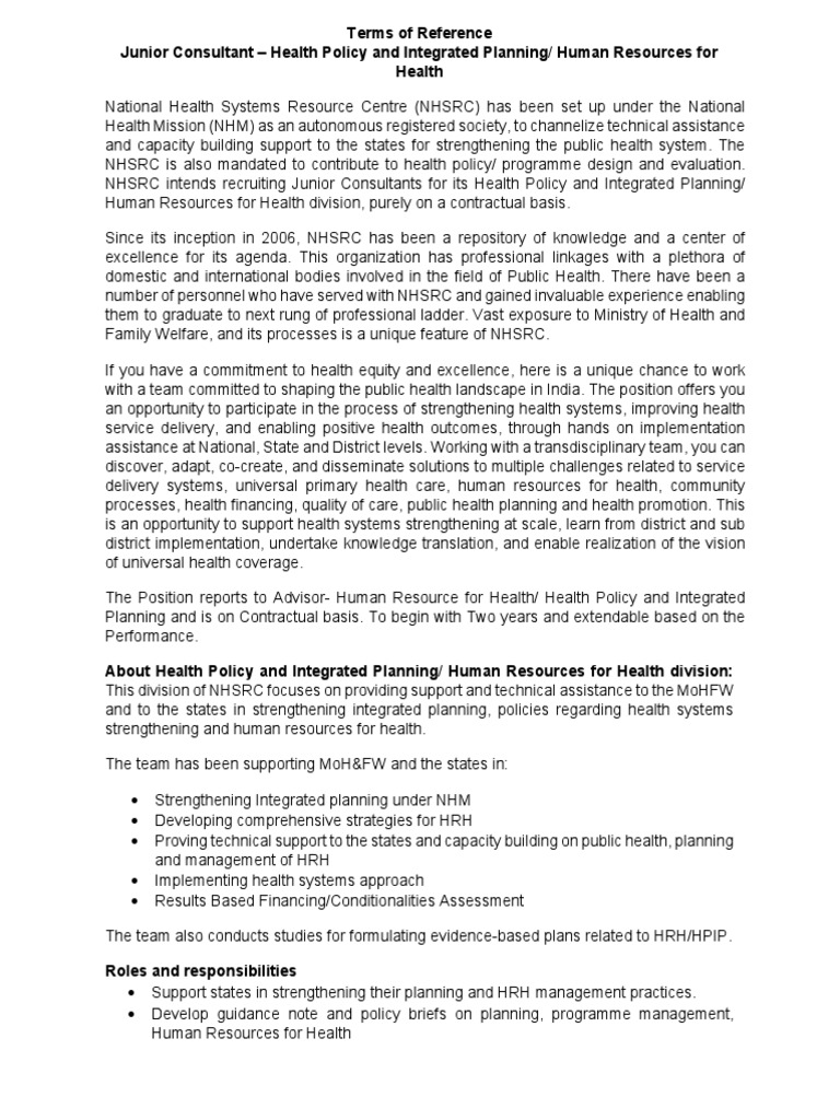 Terms of Reference - Junior Consultant - Health Policy and Integrated ...