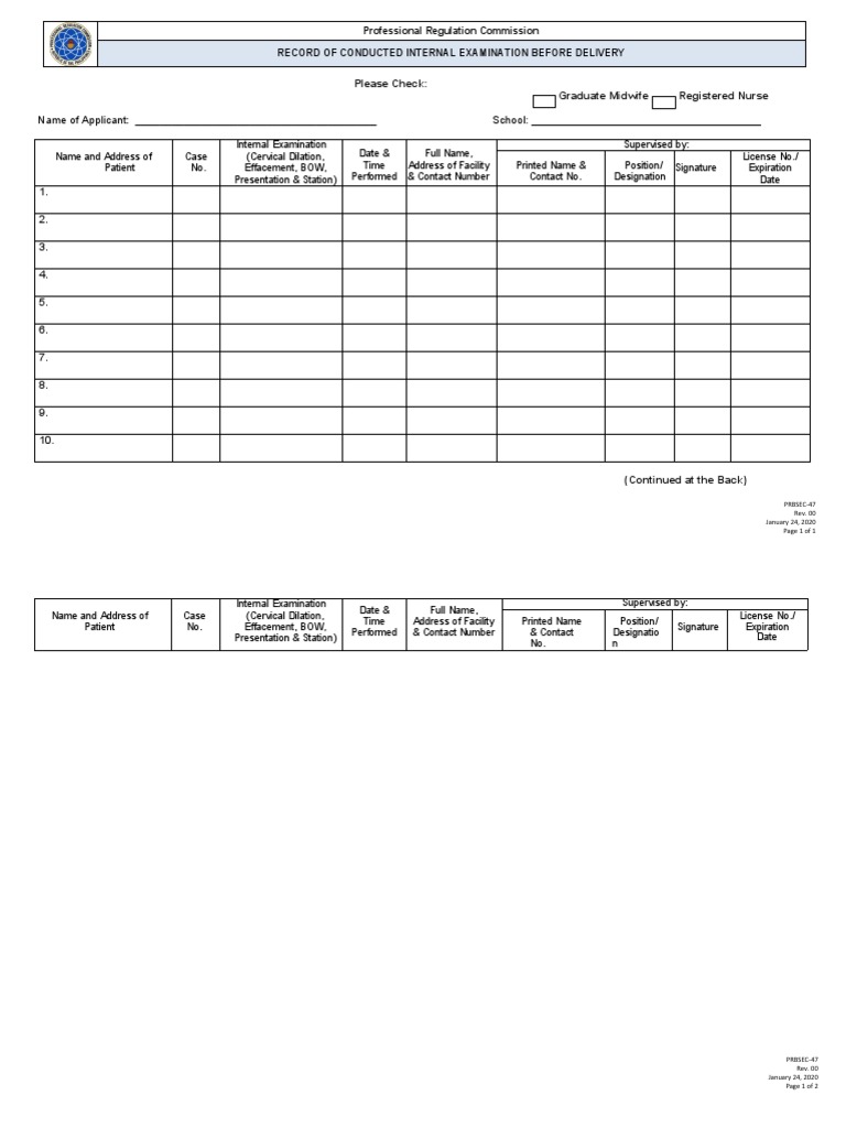 Internal Examination Record Template | PDF | Midwife | Nursing