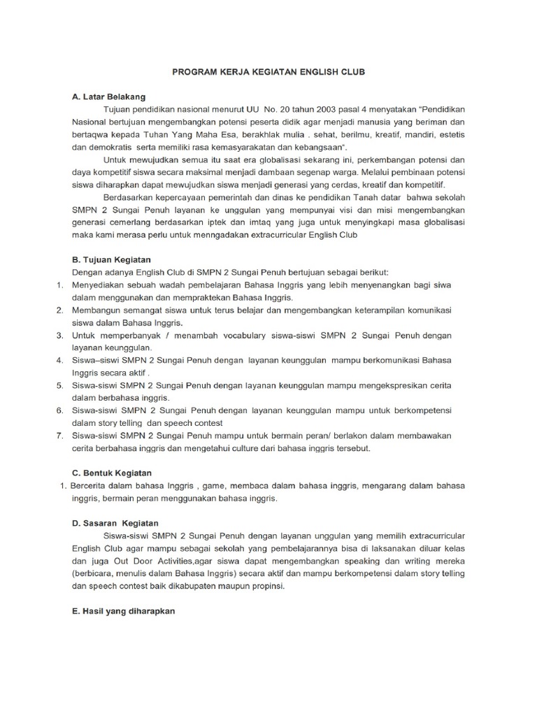 Program Kerja English Club SMP Muh 3 SMD | PDF