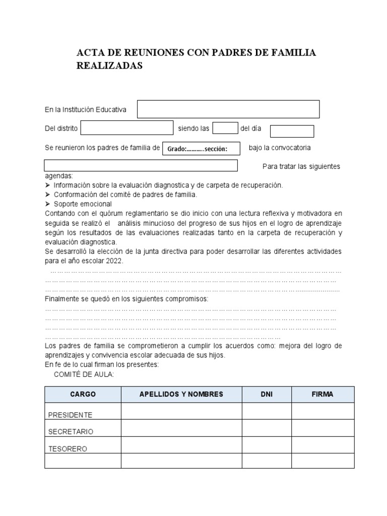 Acta de Reunión con Padres de Familia | PDF