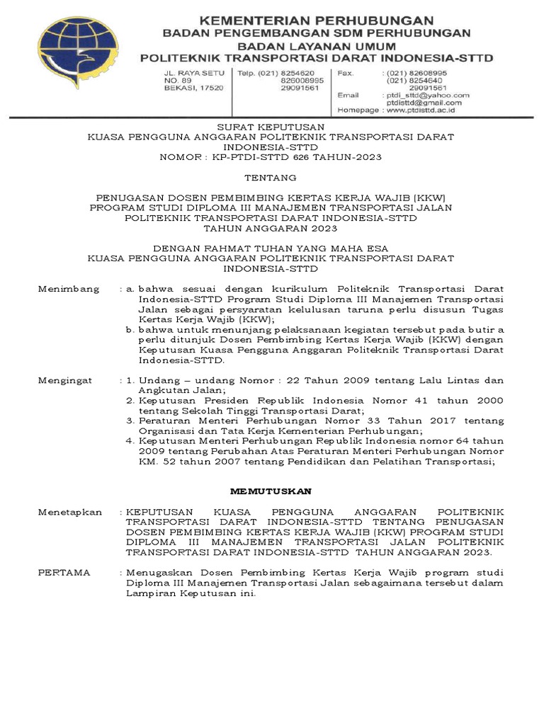 Sk. 626 Dosen Pembimbing KKW MTJ 42 Tahun 2023 Tte (Rev) 1 | PDF
