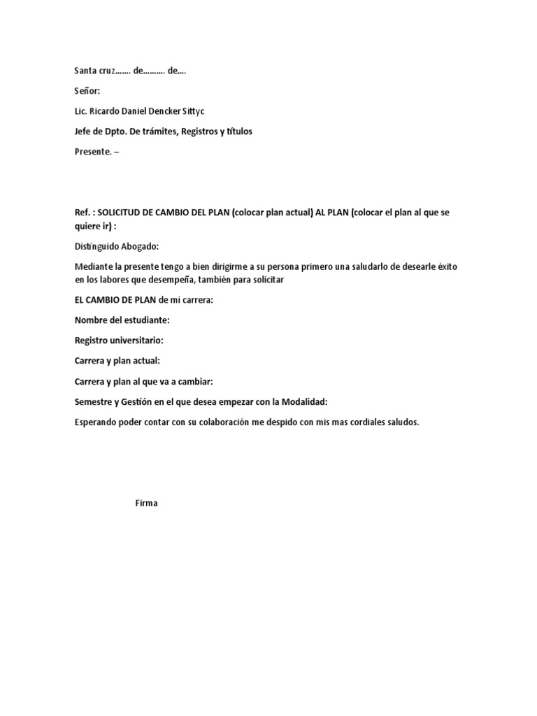 Modelo Carta Solicitud Cambio de Plan | PDF