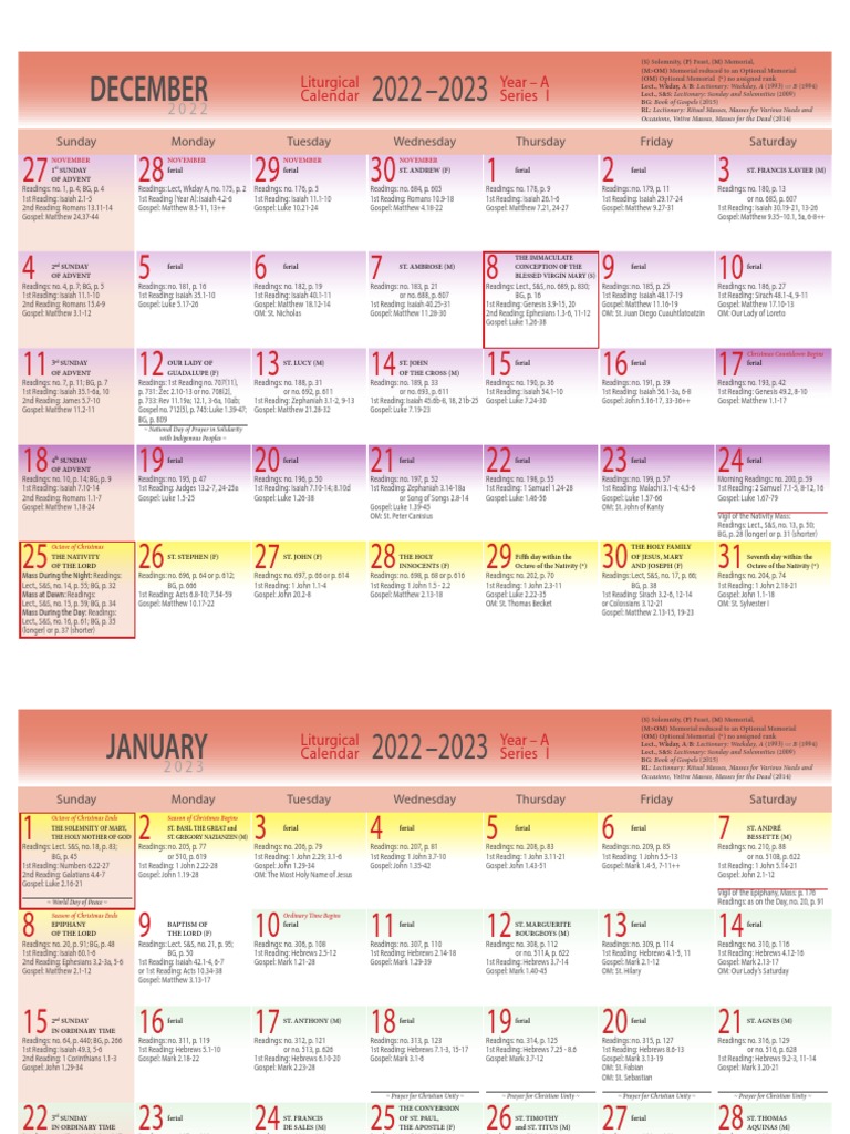 December: Liturgical Calendar Year - A Series I | PDF | Lectionary ...