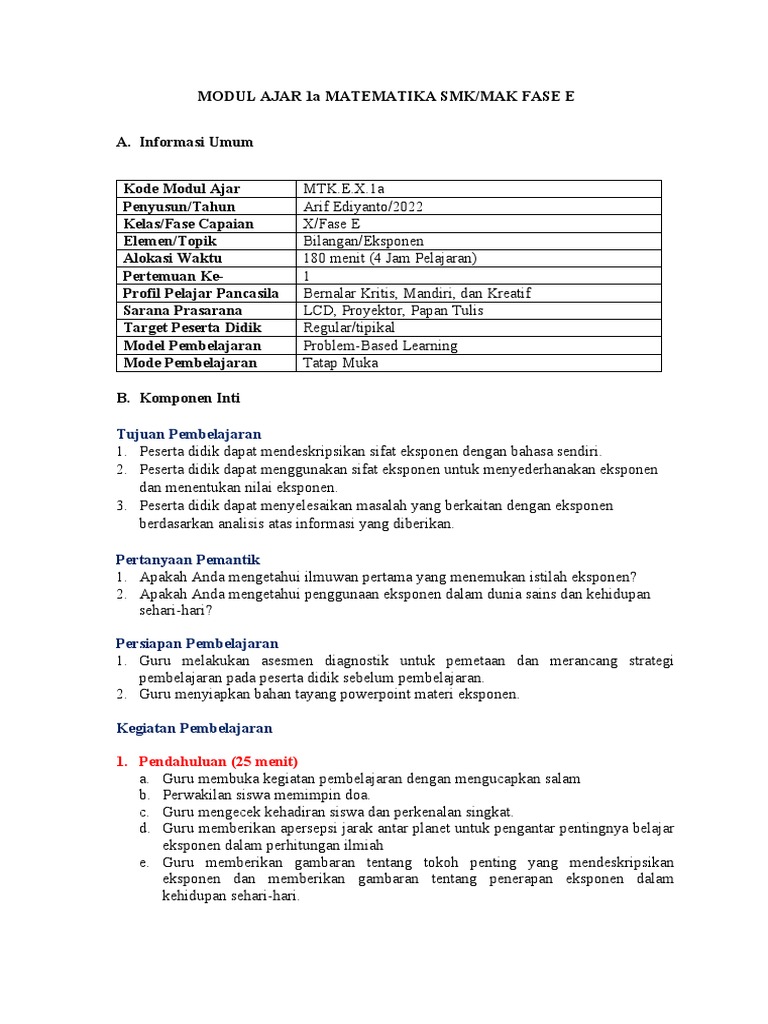 Copy of Modul Ajar Matematika Smk Kelas x Bab 1_contoh | PDF