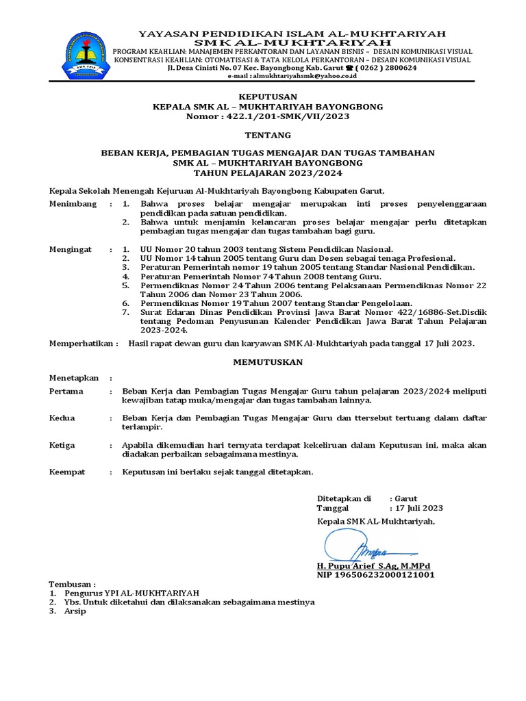 SK Beban Kerja Dan Tugas Mengajar Dan Walikelas Sem. Ganjil 2023-2024 | PDF