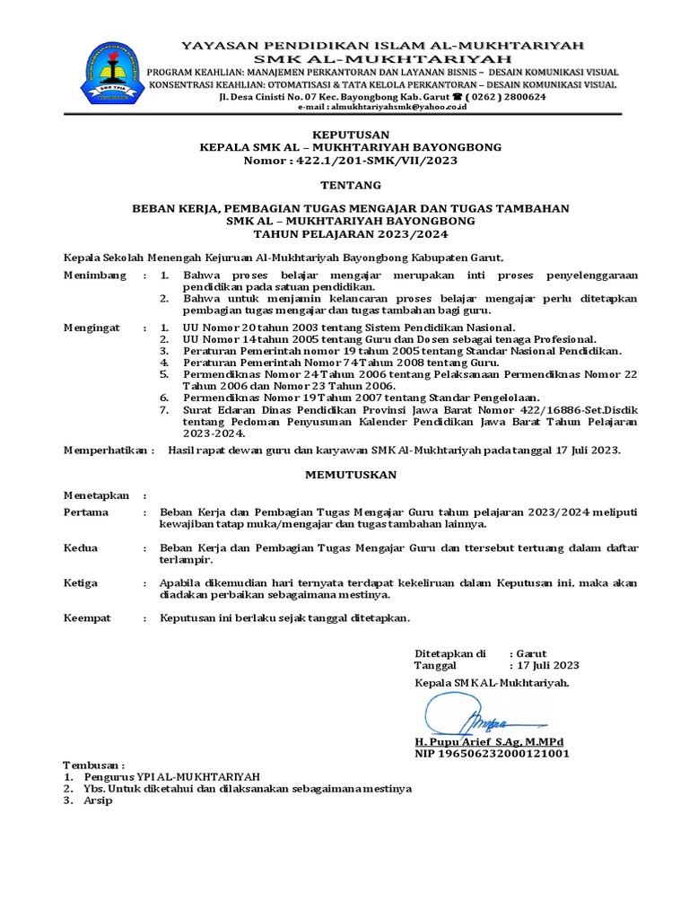 SK Beban Kerja Dan Tugas Mengajar Dan Walikelas Sem. Ganjil 2023-2024 | PDF