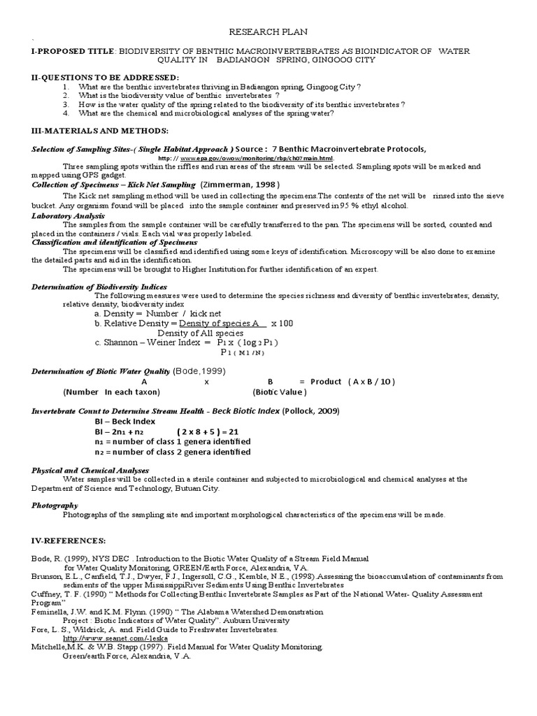 RESEARCH PLAN Life Science | PDF | Water Quality | Biodiversity