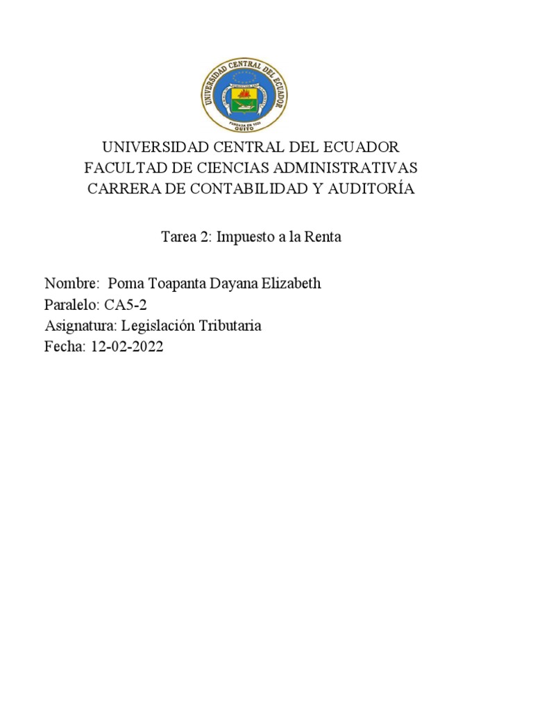 Dayana Poma - CA5-2 - Tarea 2 - Impuesto A La Renta | PDF | Impuestos ... Dayana Poma - CA5-2 - Tarea 2 - Impuesto A La Renta | PDF | Impuestos ...