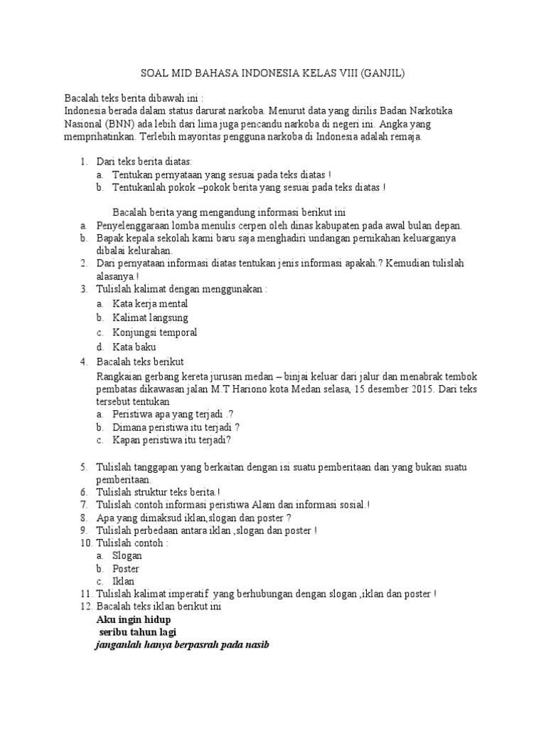 Mid Ganjil Bahasa Indonesia Kelas 8 (Ganjil) | PDF | Ilmu Sosial | Seni & Disiplin Bahasa