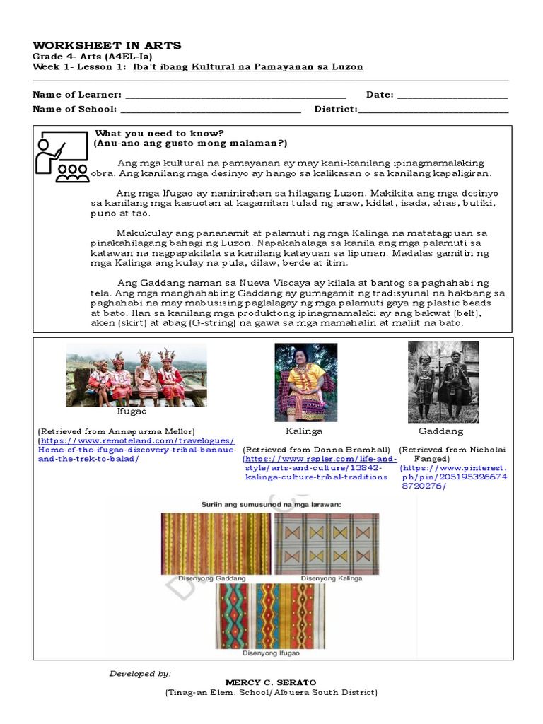 Worksheets in MAPEH Arts 4 Week 1 PDF | PDF