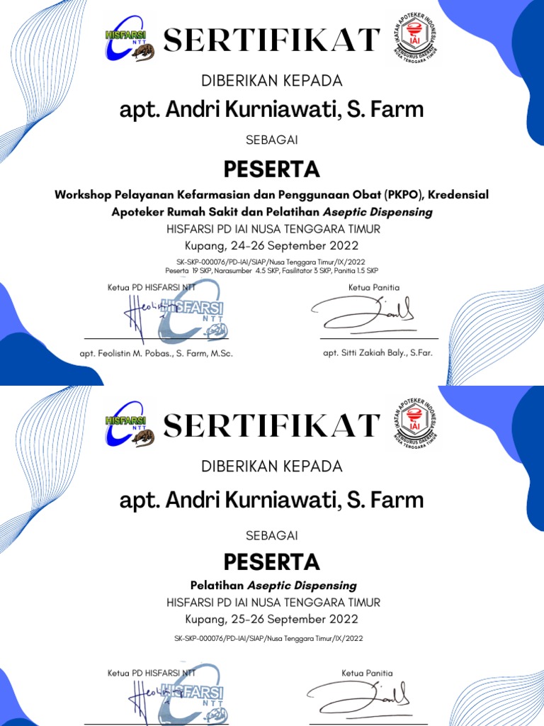 Sertifikat Pelatihan Aseptic Dispensing | PDF